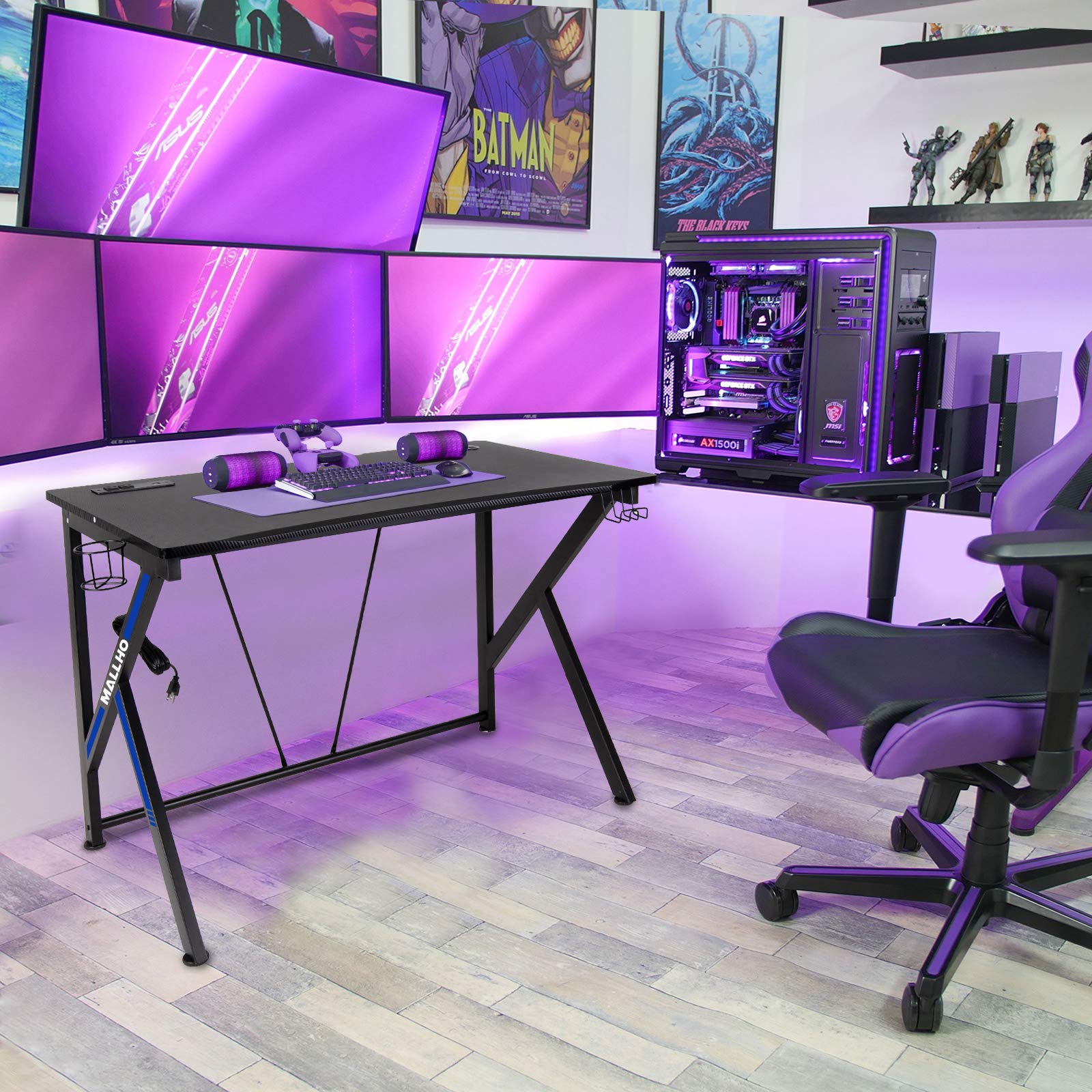 Polar Aurora K-Shaped Gaming Desk 45.1" W x 28.6" D Home Office Computer Table, Black Gamer Workstation with Cup and Headphone Hooks, Cable Management Hole and Built-in Multi-Function Socket(Blue)
