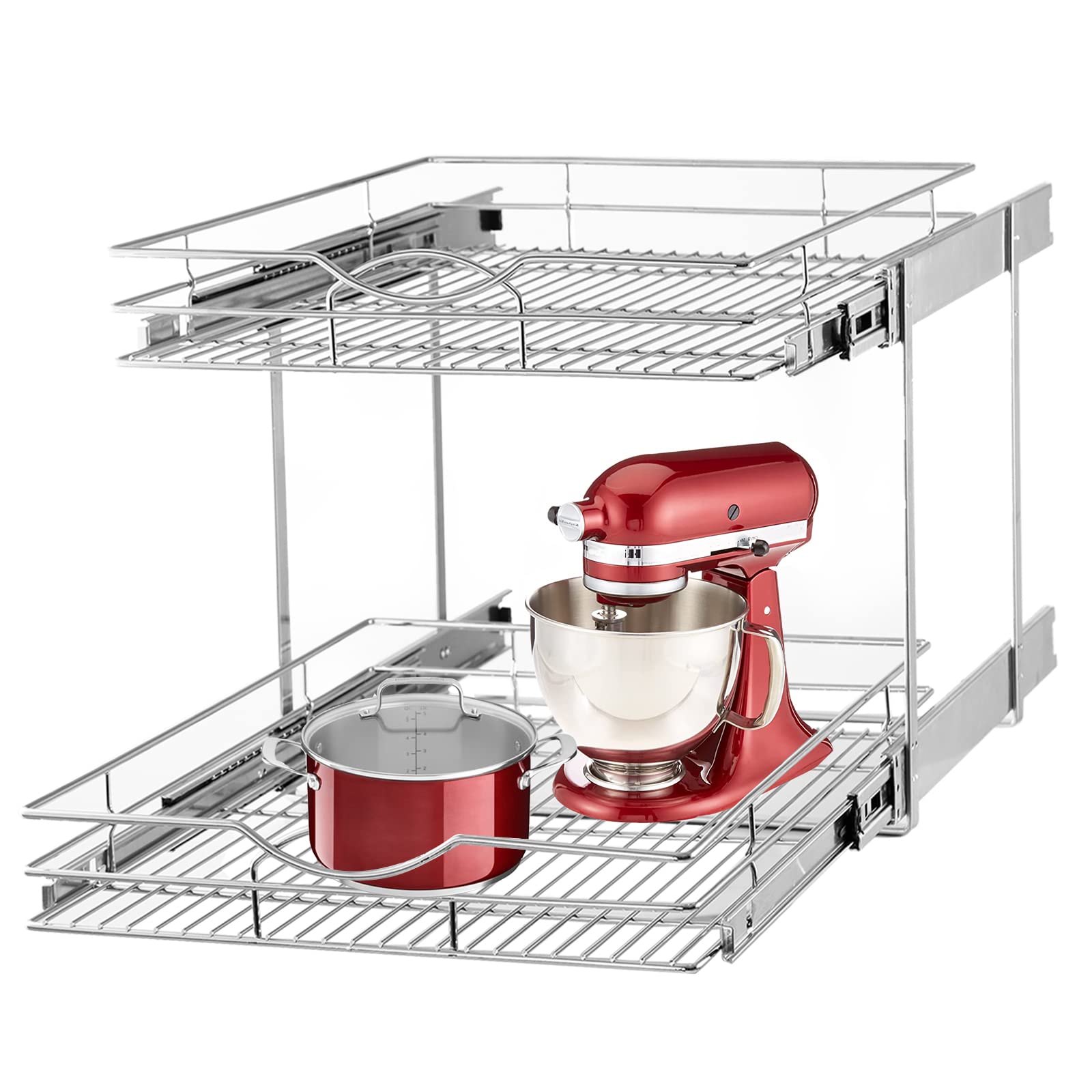 SIMCAS 2-Tier Pull Out Cabinet Organizer(14"W X 21"D), Individual Slide Out Basket Kitchen Cabinet Organizer, Cabinet Pull Out Shelves Kitchen Cabinet Organization for Kitchen Pantry, Bathroom, Chrome
