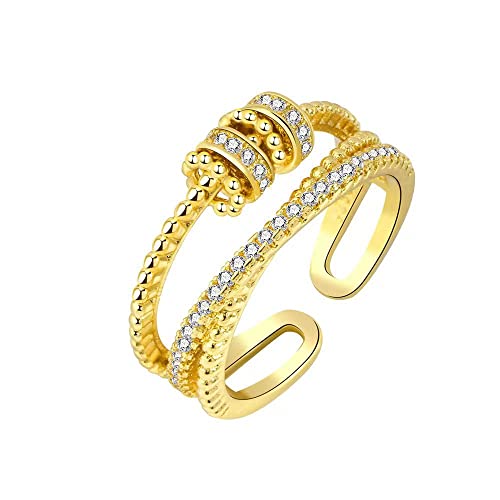 Zircon Transfer Opening Ring Transfer Loop Cross Multilayer Rotating Beads Spinner Ring Three Wire Rotating Adjustable Anxiety Ring for Women Men Birthday Gifts Jewelry-Gold+Silver