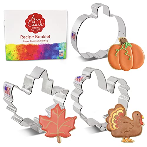 Thanksgiving and Fall Holiday Cookie Cutters 3-Pc. Set Made in USA by Ann Clark, Maple Leaf, Turkey, Pumpkin