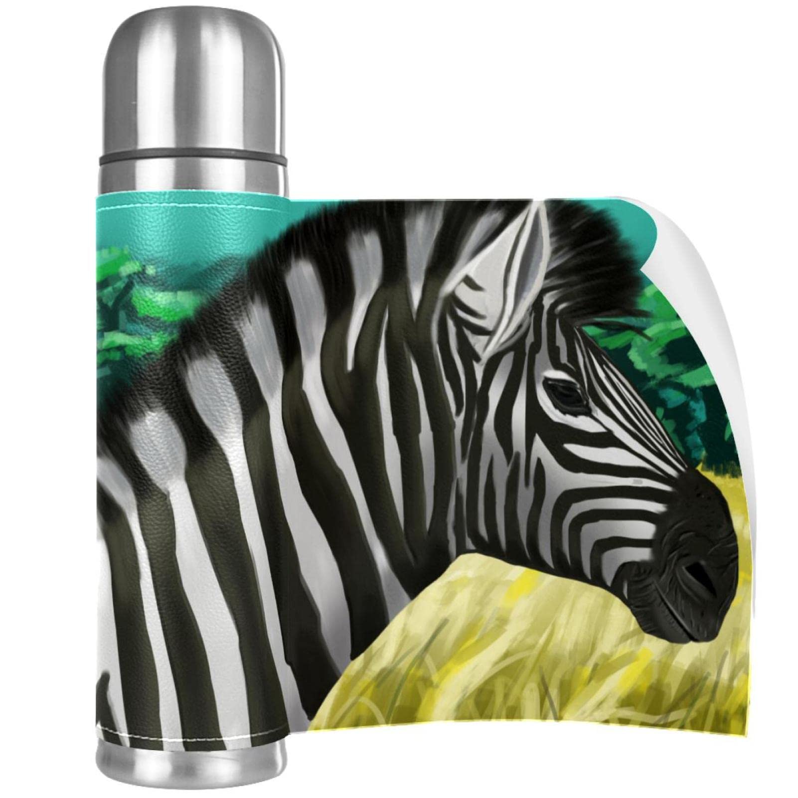 Stainless Steel Leather Vacuum Insulated Mug Zebra Thermos Water Bottle for Hot and Cold Drinks Kids Adults 16 Oz
