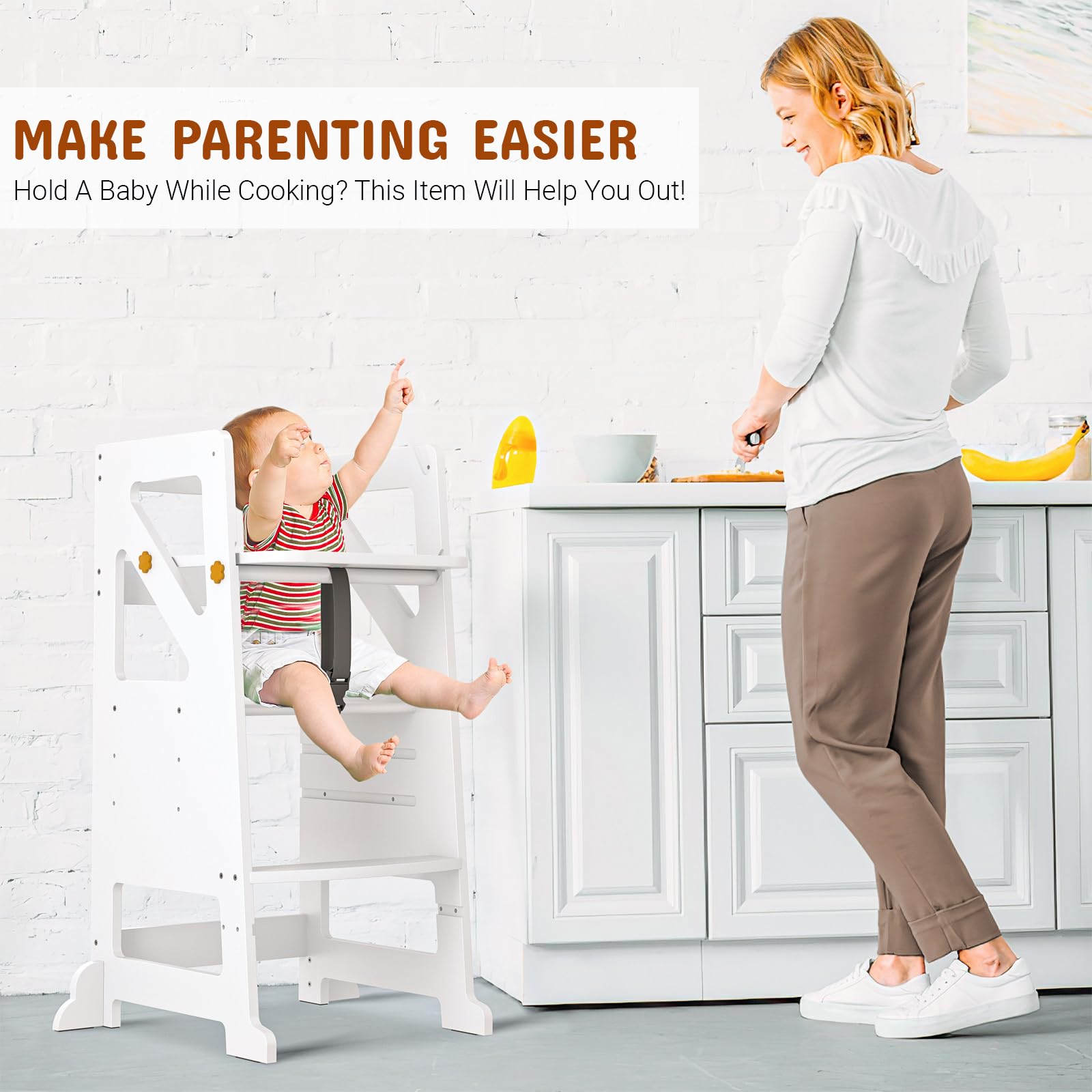 Rendpas Toddler Kitchen Stool Helper with Meal Tray & Safty Rail, Adjustable Height Kids Kitchen Step Stool, Toddler Standing Tower Convertible Meal Chair, Wooden Toddler Counter (White)