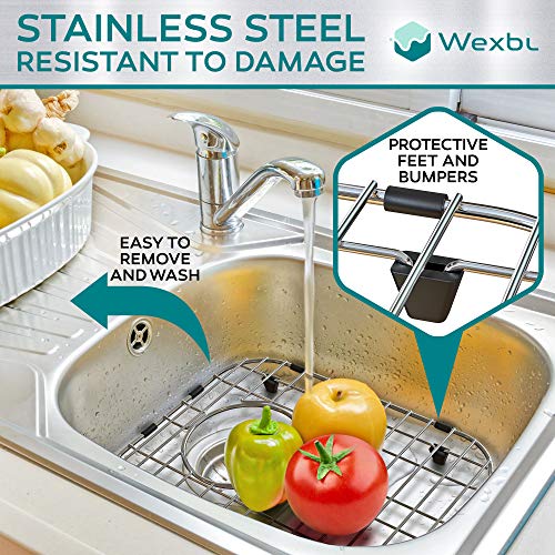 Wexbi Kitchen Sink Protectors for Double Kitchen Sink, Stainless Steel Sink Grid, Set of Two Metal Sink Protector Mat 16 x 13 in, 14.5 x 11.26 in, Grid Sink Bottom Protector with Rear Drain