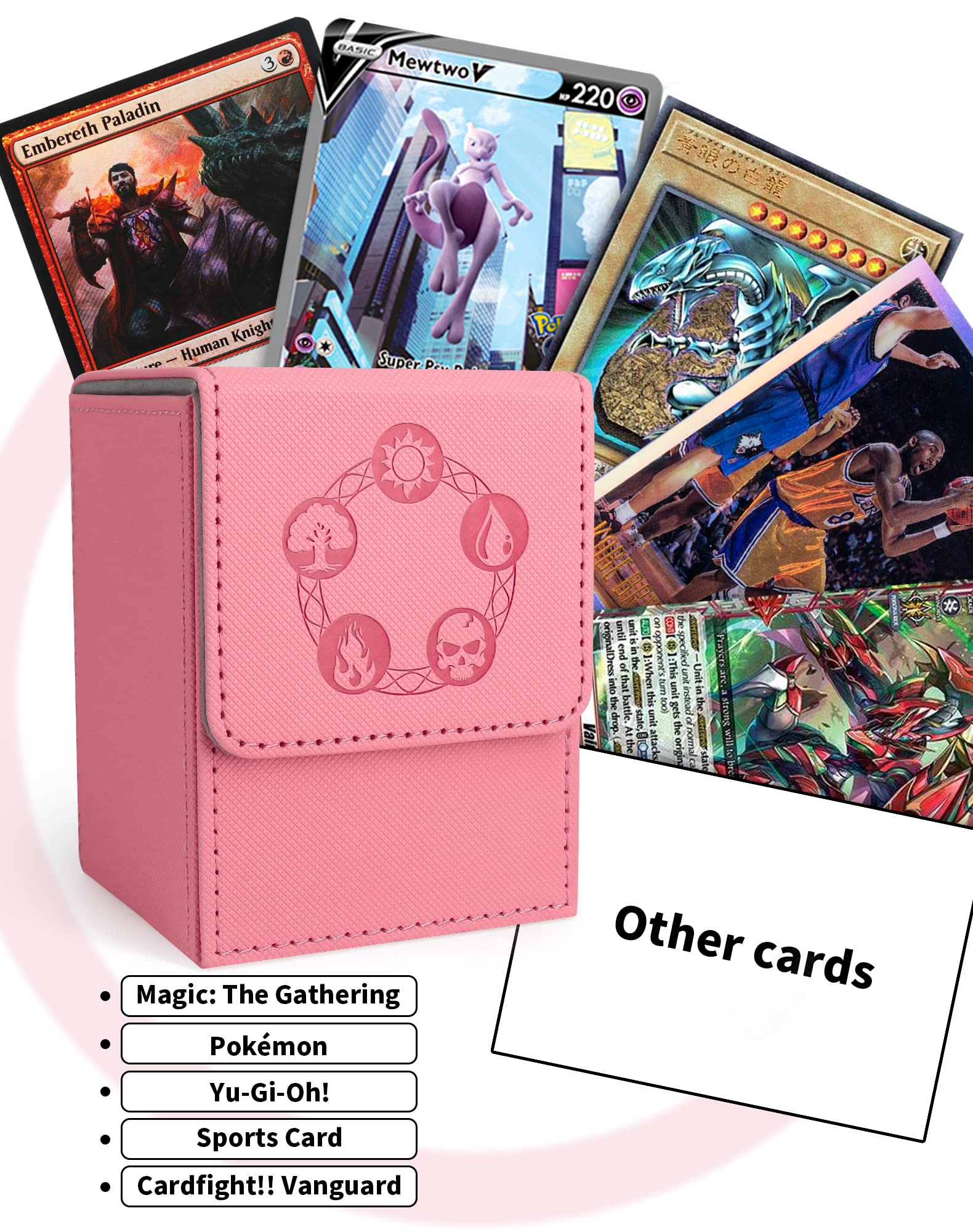 ZLCA Card Deck Box for MTG, Card Storage Box Fits 100+ Single Sleeved Cards, PU Leather Strong Magnet Card Deck Case for Magic Commander TCG Cards (Pink)