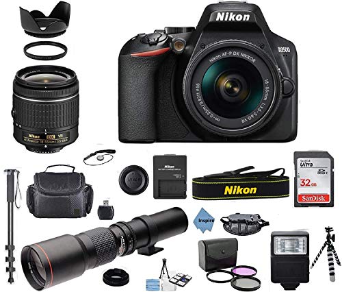 Nikon D3500 24.2MP DSLR Camera + AF-P DX 18-55mm VR NIKKOR Lens + 500mm Preset f/8 Telephoto Lens + Accessory Bundle + Inspire Digital Cloth nkd3500bundlew500mm (Renewed)