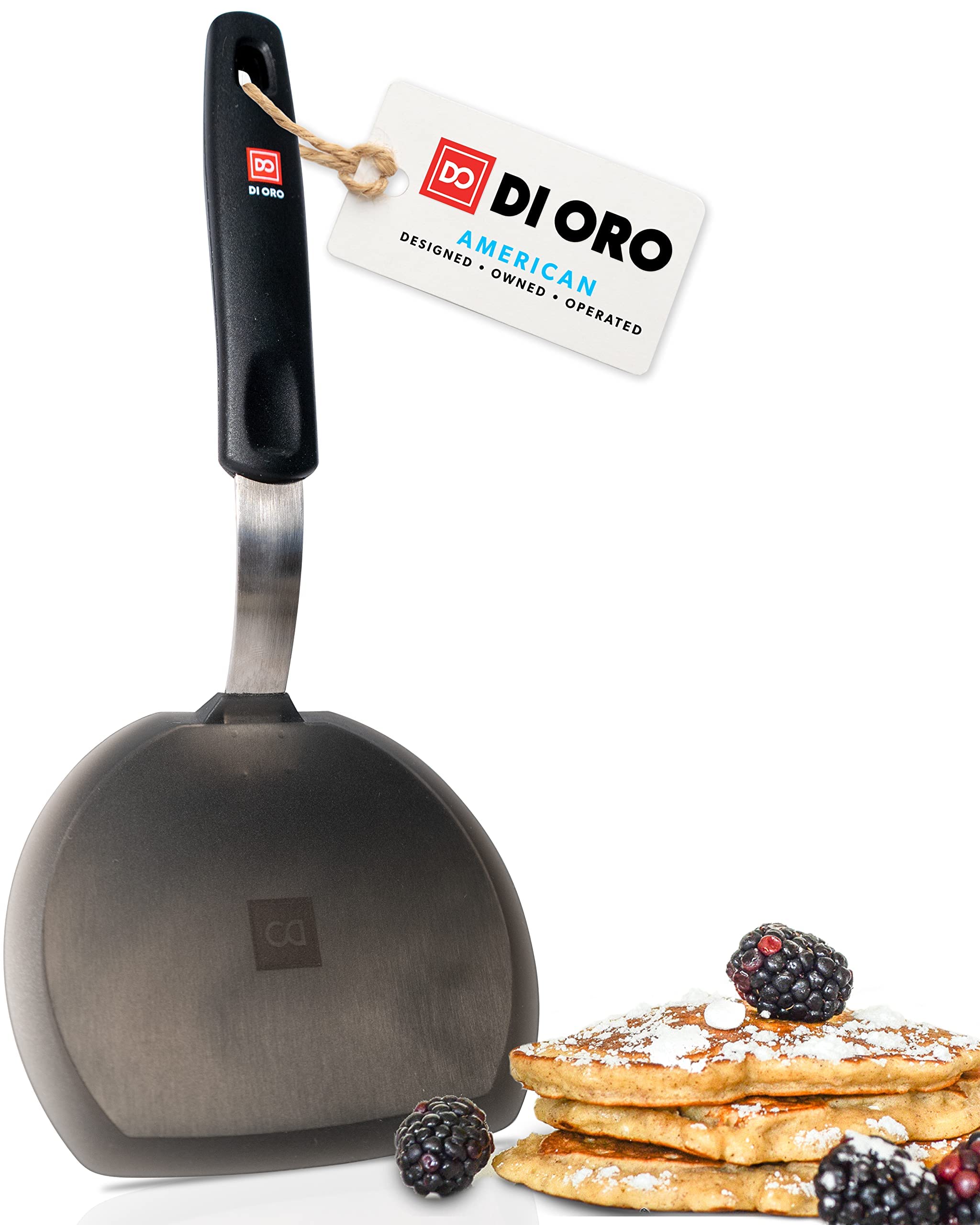 Silicone Turner Pancake Spatula - Nonstick Cookware Safe 600°F Heat-Resistant Flexible & Thin Cooking Flipper for Eggs - Reinforced Stainless Steel Core - BPA Free & Dishwasher Safe by DI ORO