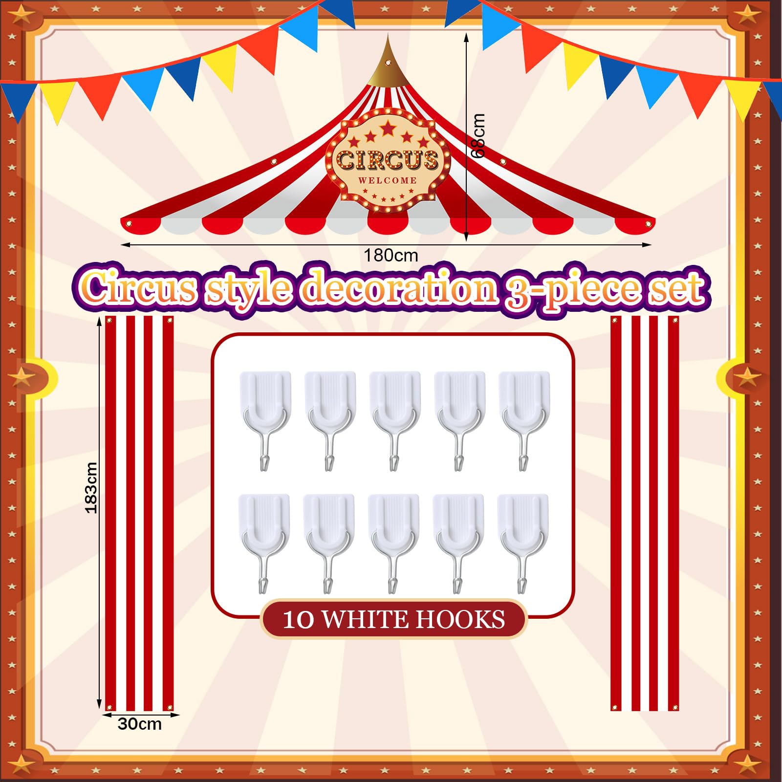 Preboun 3 Pcs Circus Tent Decorations Circus Carnival Party Decorations Classroom Party Banner Supply Red and White Striped Pennant Banner for Circus Theme Graduation Celebration Party Carnival