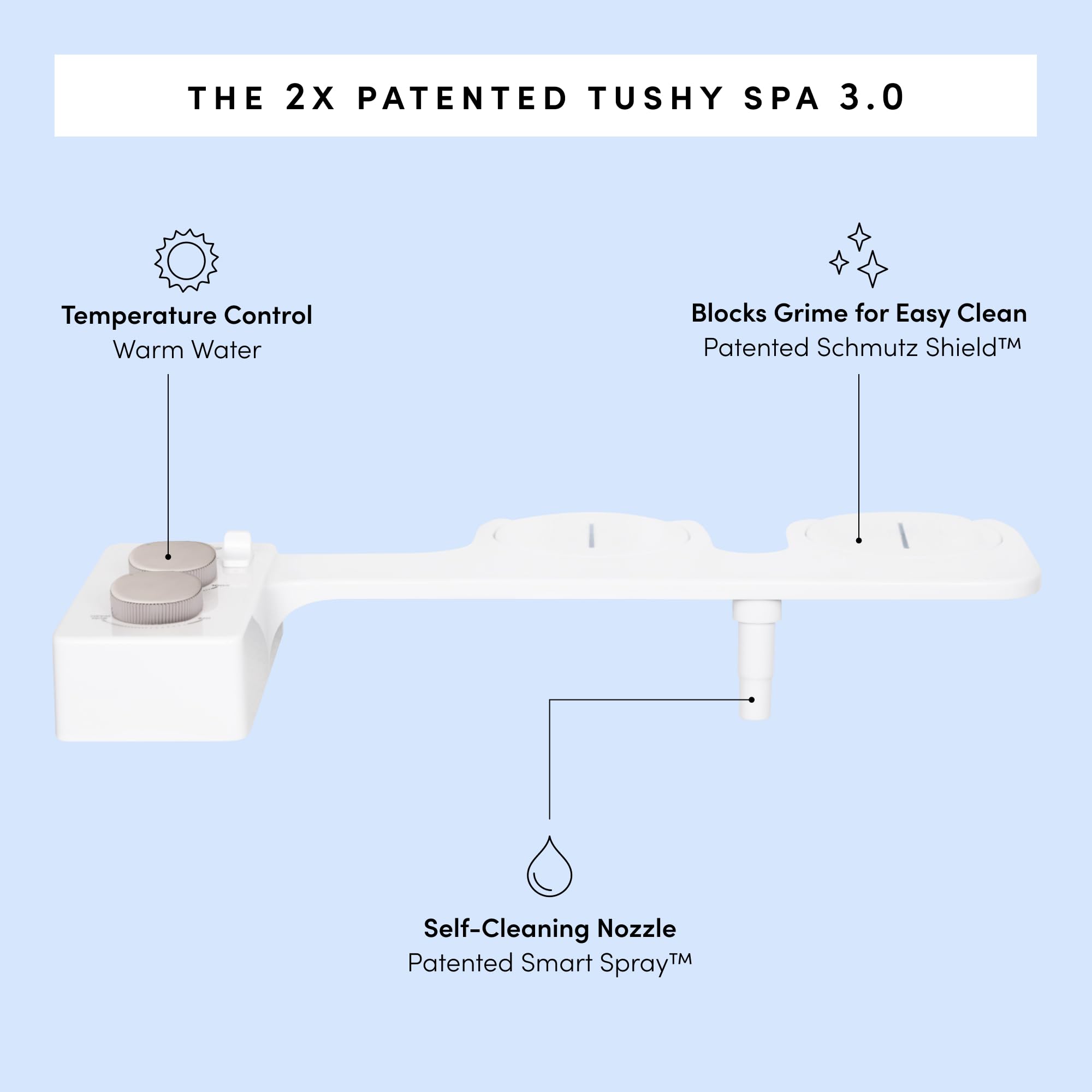 Tushy Spa Warm Water Bidet Attachment. Universal Toilet Fit, Easy DIY Install (Requires Sink Access for Temperature Control) Self Cleaning Sprayer, Adjustable Pressure & Angle Control, (Platinum Knob)