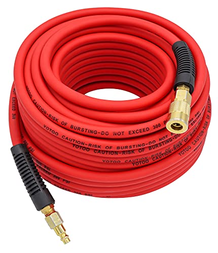 YOTOO Hybrid Air Hose 1/4-Inch by 100-Feet 300 PSI Heavy Duty, Lightweight, Kink Resistant, All-Weather Flexibility with 1/4-Inch Industrial Quick Coupler Fittings, Bend Restrictors, Red