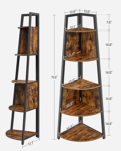 VASAGLE 71.6 Inch Tall Corner Shelf, 5 Tier Rustic Corner Bookshelf Bookcase, Corner Ladder Shelf Multipurpose, Plant Stand for Living Room, Bedroom, Kitchen, Brown and Black ULLS804B01