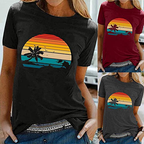 wodceeke Women's Retro Beach Print T-shirt Short Sleeve Round Neck Basic Tee Summer Casual Sports Tops (Black, XXL)