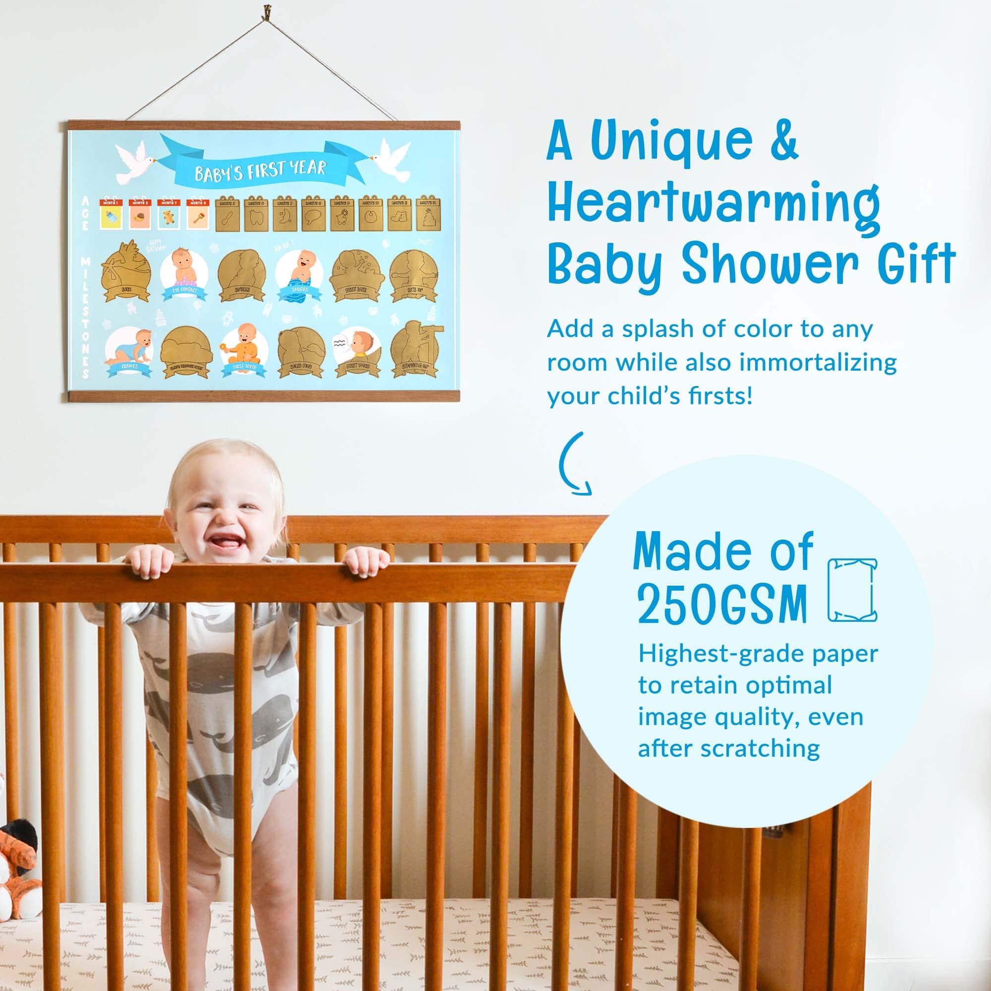 MyFirstYear Interactive Milestone and Age Tracking Poster for Babies, Scratch-Off Wall Poster for Newborns, Fun Nursery Decor, Must-Have Baby Essentials Poster, Blue