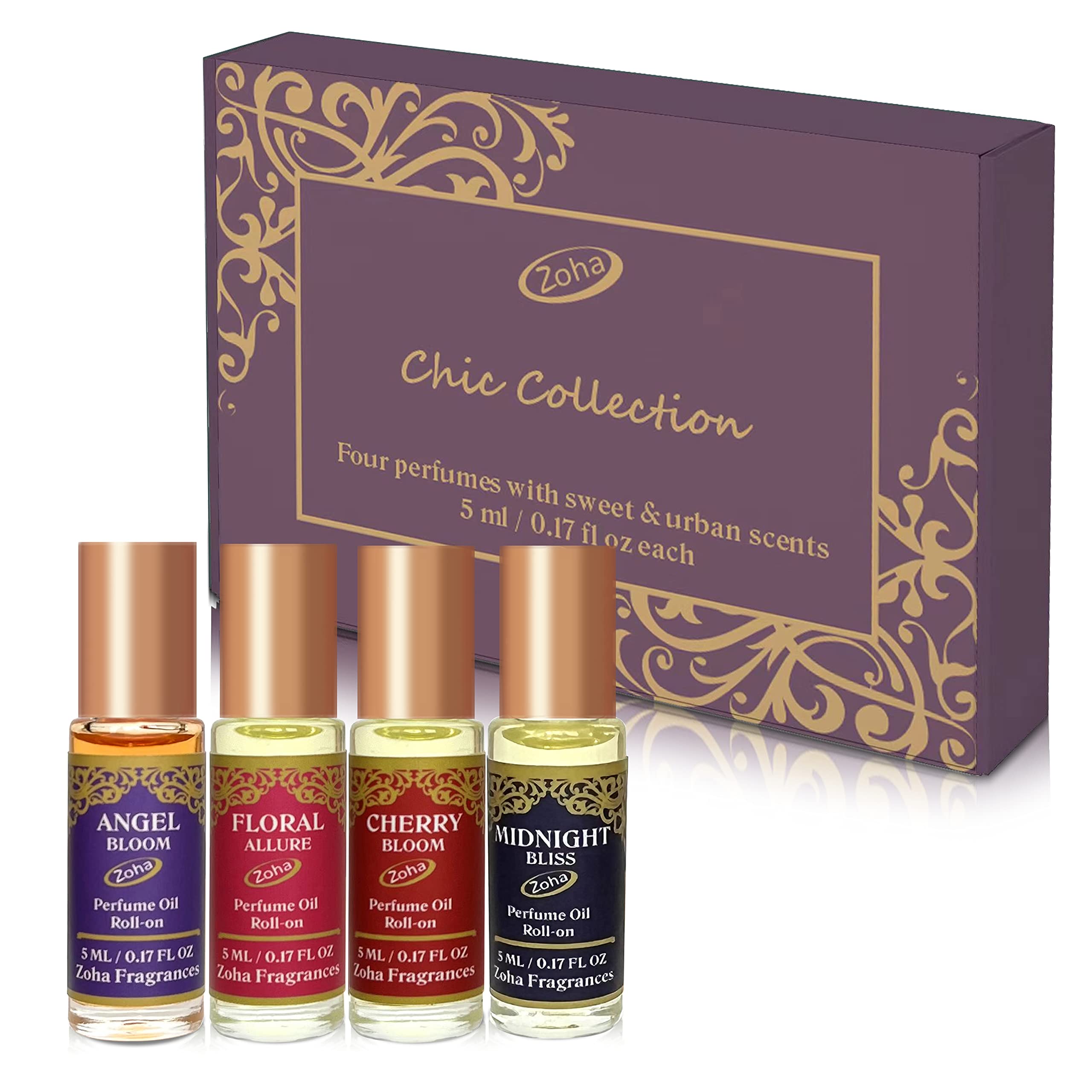 Zoha Perfume Gift Set for Women & Men | Chic Perfumes Collection| Alcohol Free & Essential Oil Based | Long Lasting & Vegan Fragrance Four Roll On 5 ml/0.17 Oz Each