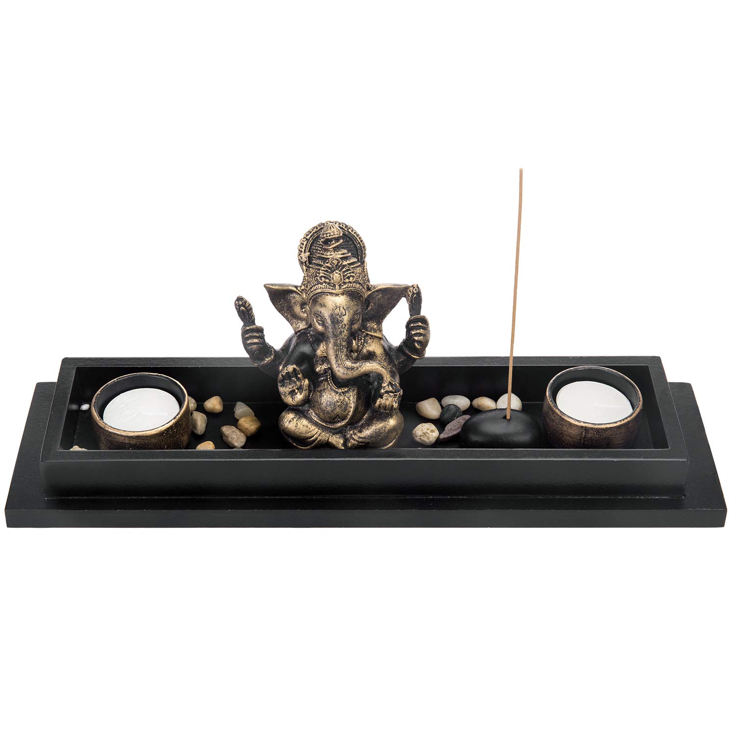 MyGift Mini Zen Garden with Ganesh Statue, Incense Stick Burner, Tealight Candle Holders, Decorative Rocks and Display Tray