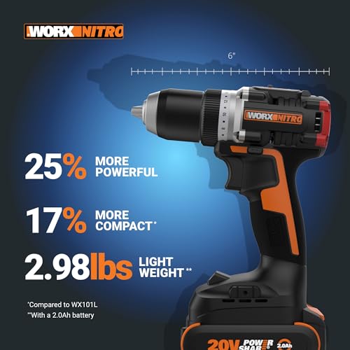 Worx Nitro 20V Cordless 1/2" Drill Driver with Brushless Motor, Compact & Lightweight Drill Set Only 6" and 3 lbs., Cordless Drill Power Share Compatible WX130L β Batteries & Charger Included