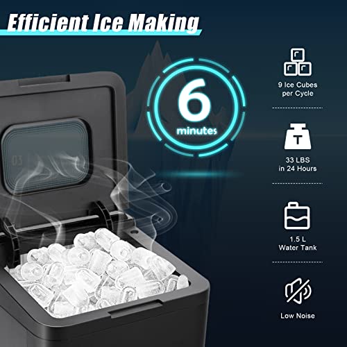 SIMOE Ice Makers Countertop, Ice Machine, 33Lbs/24Hs, 9 Cubes in 6Mins, Automatic Self-Cleaning, 2 Ice Sizes, w/LED Display for Party/Bar/Office, Black