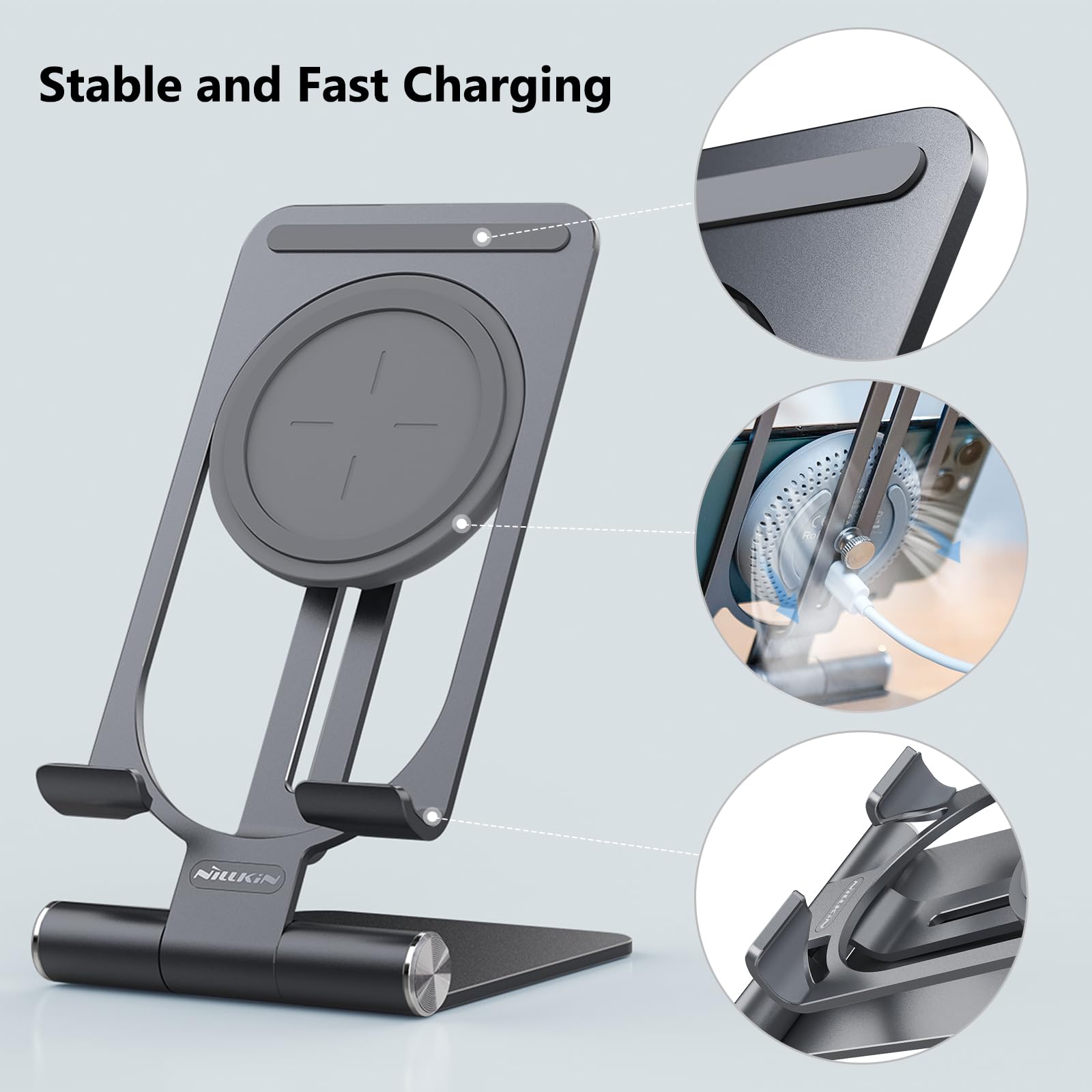 Nillkin Fast Wireless Charger - Metal Foldable and Adjustable Wireless Charging Stand for iPhone 15 14 13 12, Samsung Galaxy S24 S23 S22 S21 Ultra/Plus and Android Phones, PowerHold Mini Space Grey