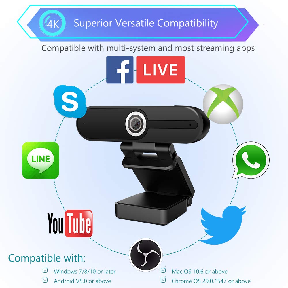 Webcam 4K HD Computer Camera 8MP Microphone PC Web Camera, Full Widescreen Laptop USB Webcams, Privacy Shutter, Tripod, Mac Desktop Notebook Webcam, Video Calling Recording Webcam