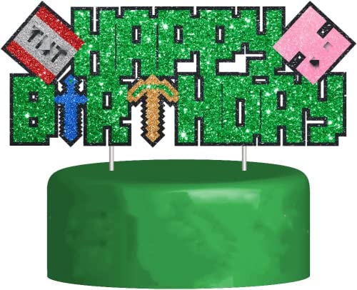 Pixel Video Game Cake Topper, Mining Theme Glitter Happy Birthday Cake Topper Decorations for Boys and Girls Game Theme Party Supplies