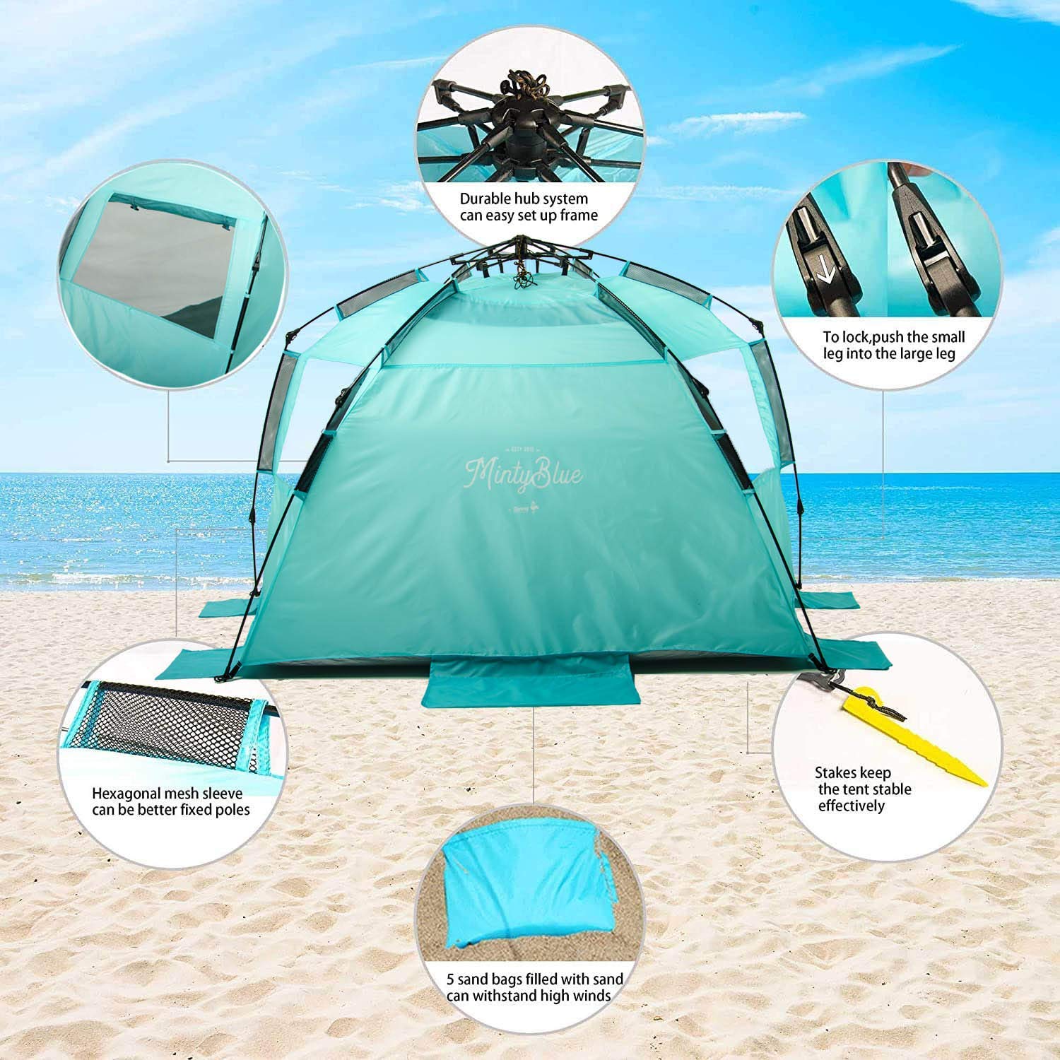 porayhut Easy Up Folding Beach Tent Sun Shade Shelter,3-4 Person for Family,SPF 50+,Large Mesh Roll Up Ventilation Windows,Storage Pockets,Carry Bag and Stakes