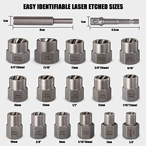 Topec 18-Piece Stripped Nut Remover, 3/8” Drive Impact Extractor Set, Damaged Bolt Nut Remover with Hex Adapter, Perfect Tool Kit for Removing Stripped, Damaged, Rounded off and Rusted Bolts & Nuts