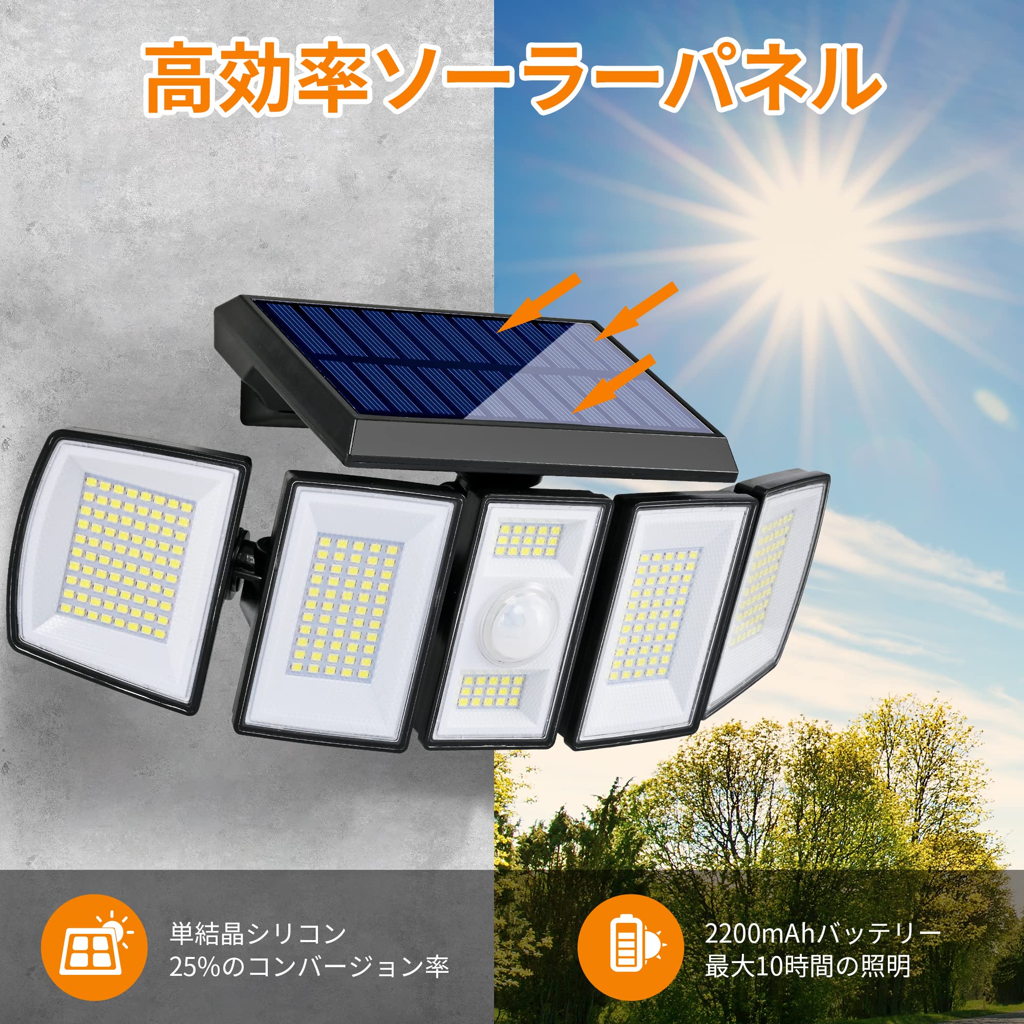 SOLPEX Solar Lights for Outside 300 LED Motion Sensor Security Lights with Remote Control, 5 Heads IP65 Waterproof 270° Wide Angle Security Flood Lights for Garage, Yard, Outdoor Lighting(2-Packs)