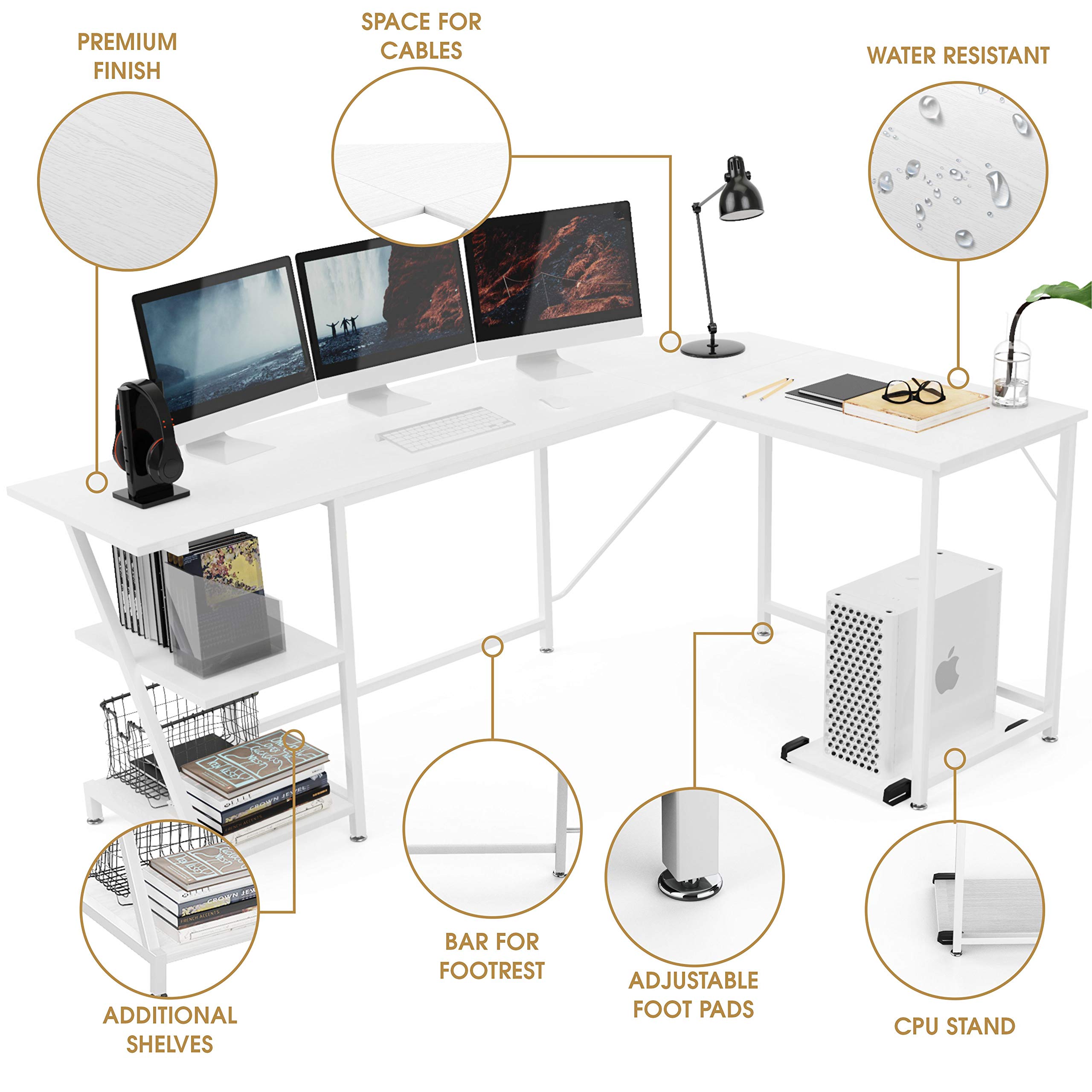 NOXU White L Shaped Desk with Shelves - Large Modern 66''x47''x29.5'' (LxWxH) - Reversible L Shaped Gaming Desk for Home or Office - Safe and Sturdy Computer Desk with Storage - Corner Desk Table