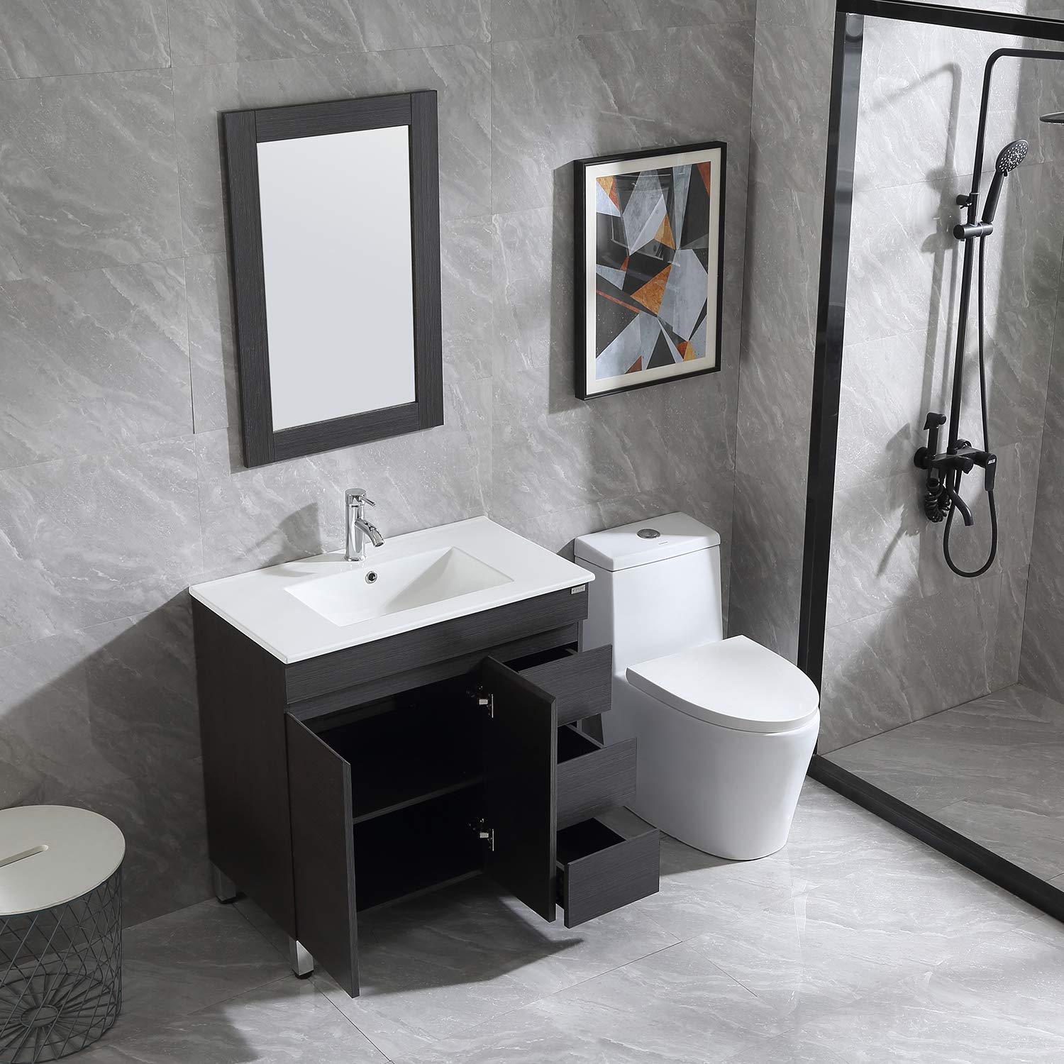 wonline 32" Bathroom Vanity and Sink Combo Cabinet Undermount Ceramic Vessel Sink Chorme Faucet Drain with Mirror Vanities Set