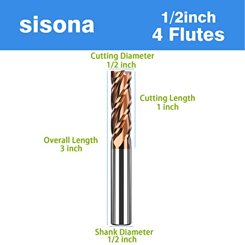sisona 1/2" Square Nose Carbide End Mill Bits - 4 Flutes,1/2" Diamter,3'' Overall Length - Sharpness,Durable,Smooth Cutting