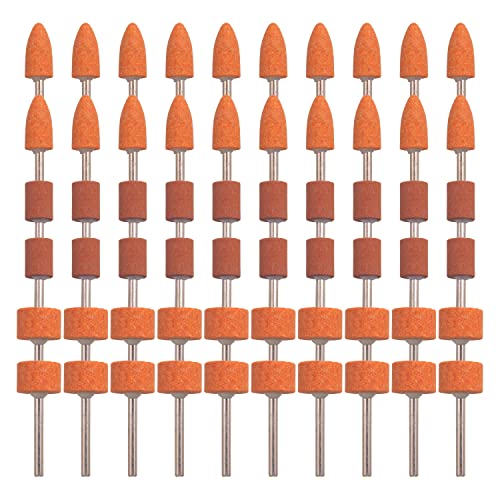 SHITIME 60 Pack Grinding Stone Set 1/8" Shank, Sanding Drill Bit for Rotary Tool Flap Wheel for Grinding, Polishing, Deburring Ferrous Metal, 2 Shaped and 3 Sizes(Orangage, Aluminum Oxide)