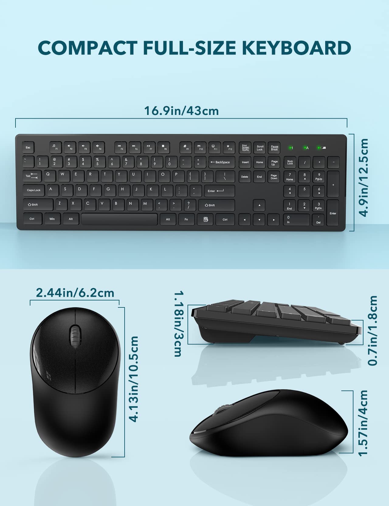 Wireless Keyboard and Mouse, WisFox USB Computer Keyboard with Silent Keys, Long Battery Life, 2.4GHz Full-Size Lag-Free Cordless Combo for PC Laptops Windows Mac Chrome OS (Black)