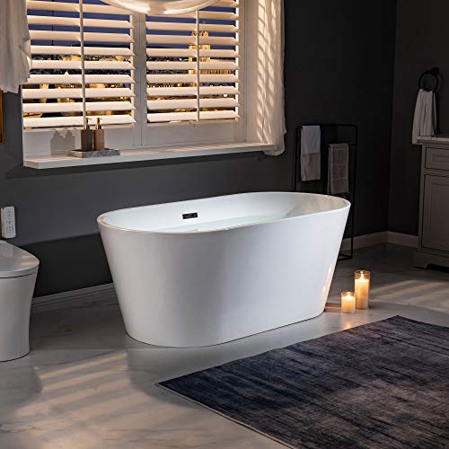WOODBRIDGE 59" Acrylic Freestanding Bathtub Contemporary Soaking White Tub with Matte Black Overflow and Drain,B0014-MB-Drain &O