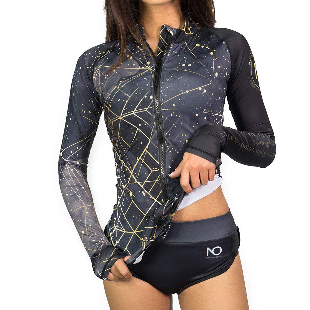 NU-JUNE Rash Guard Women Long Sleeve Swimsuit Zip Front SPF Swimwear Diving Black