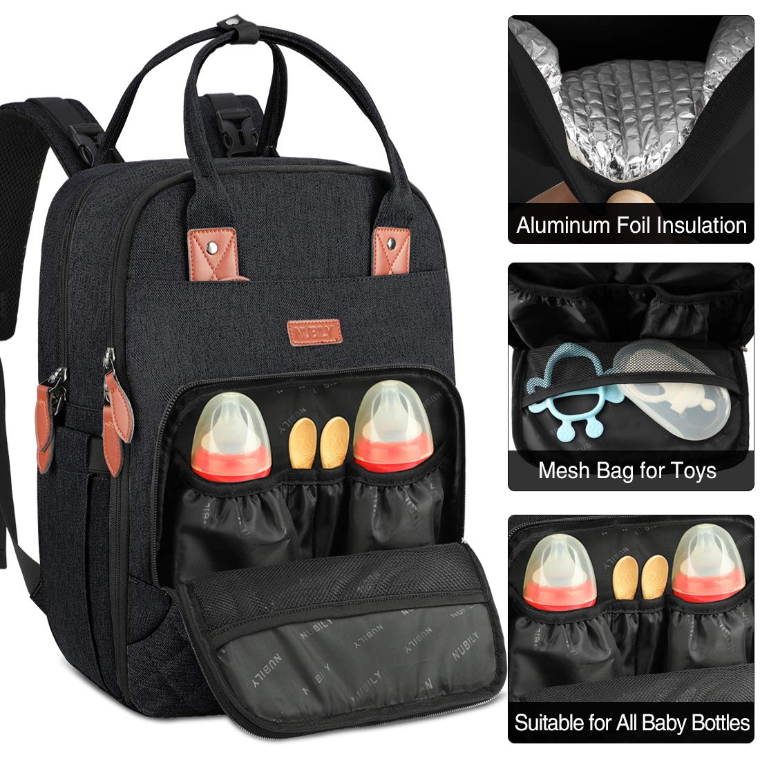 NUBILY Diaper Backpack Multifunction Waterproof Diaper Bag Backpack Lightweight Maternity Neutral Baby Bags for Mom Dad Travel Backpack with Stroller Straps Black