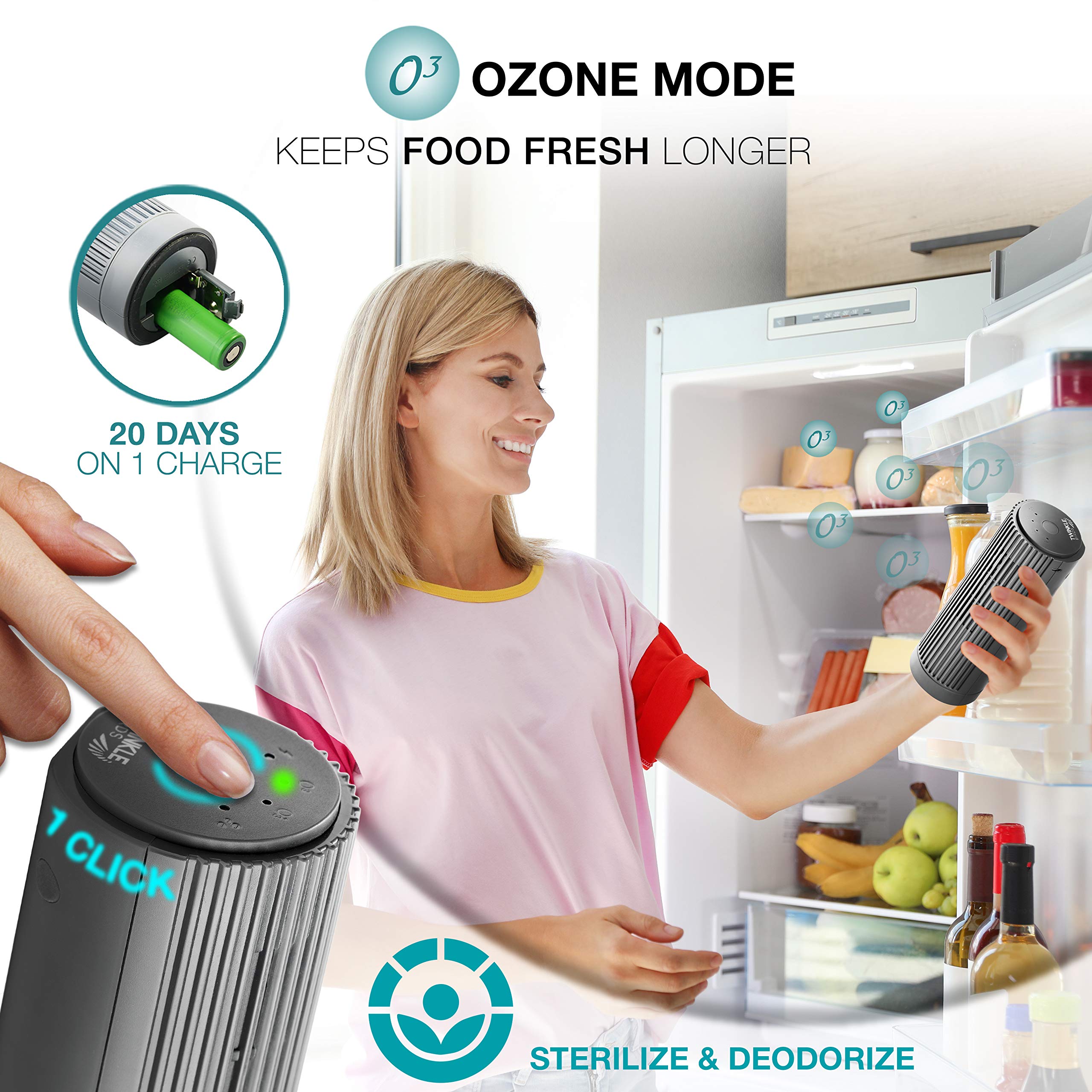 Portable Ozone Air Purifier - Travel Size Air Cleaner Ionizer - Rechargeable Anti-Microbial Ionizer for Car, Travel, Kitchen, Fridge - Dark Grey