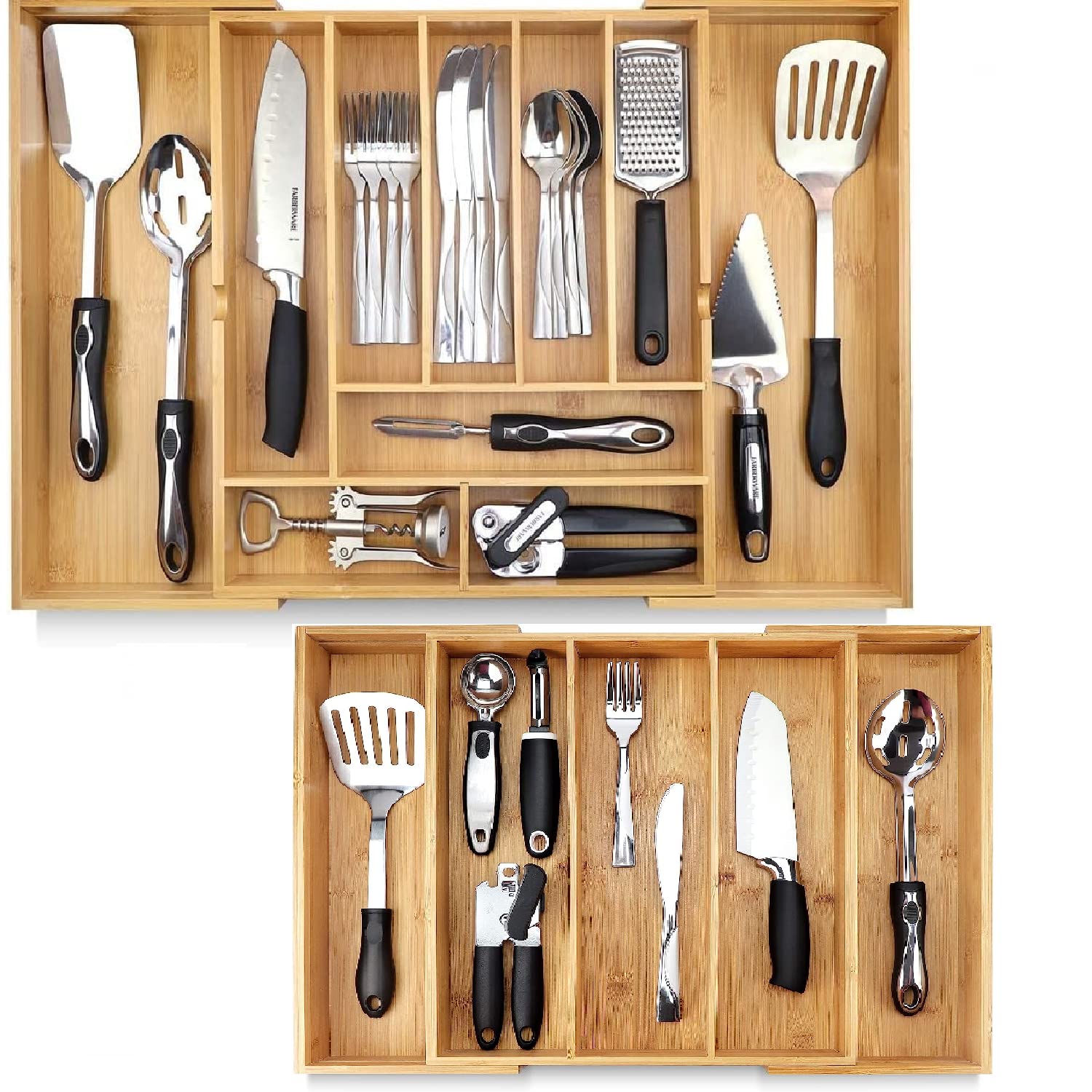 Pristine Bamboo Silverware Organizer– Utensil Organizer for Kitchen Drawers – Extra-Deep Wooden Kitchen Drawer Organizer (10 Slots, 5 Slots) Expandable and Fixed Organizers