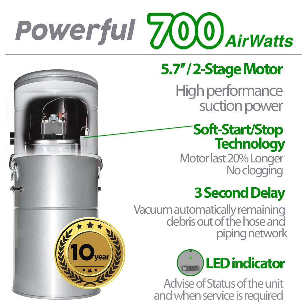 OVO AW Large and Powerful Central Vacuum System, Hybrid Filtration (with or Without Disposable Bags) 25L or 6.6 Gal, 700 Air watts and 40 ft Deluxe Accessory Kit Included, White and Silver