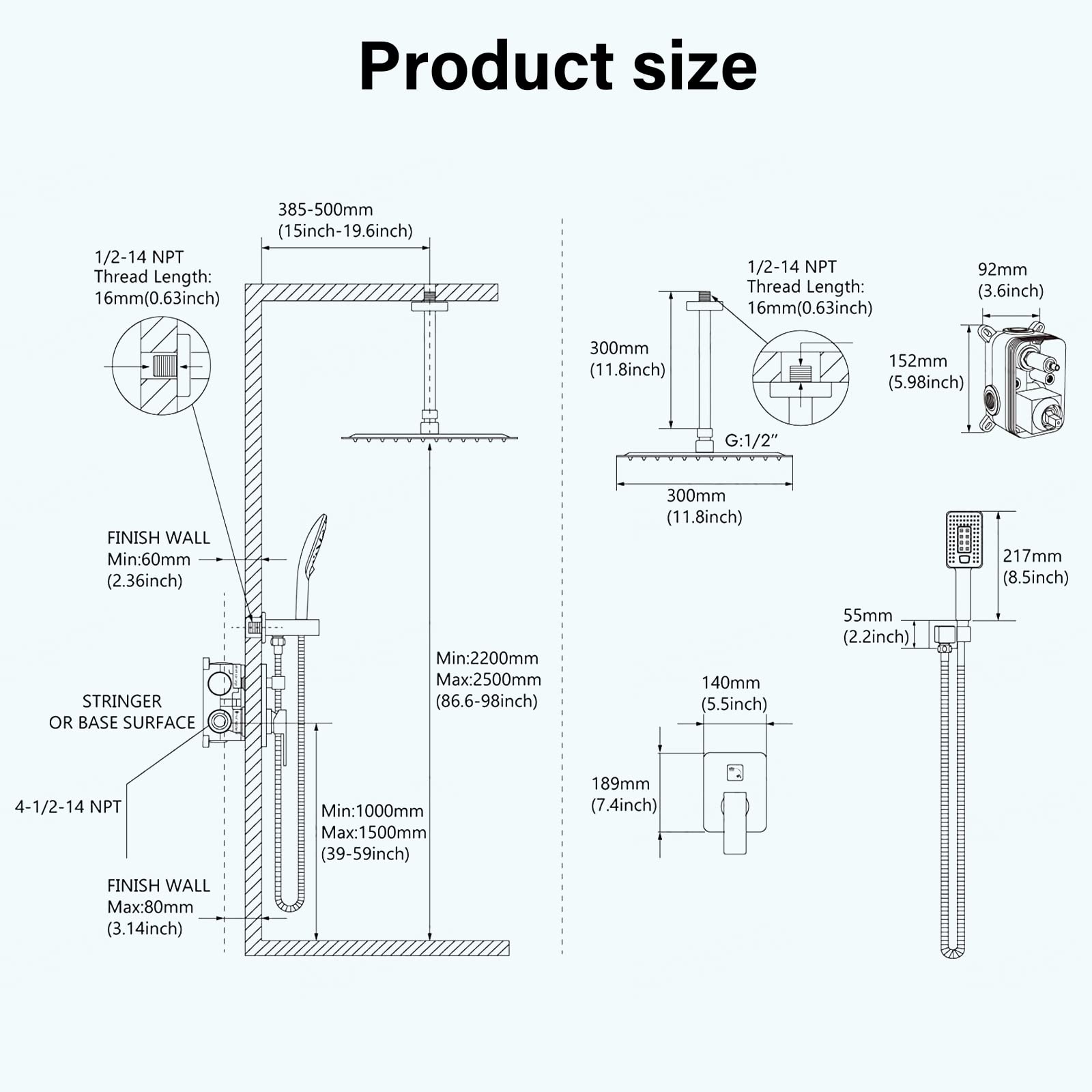 Shower Faucet Set Matte Balck Rain Shower System with High Pressure 8 Inches Rain Shower Head and Handheld Spray Bathroom Luxury Rain Mixer Shower Faucet Set Complete Combo Set Ceiling Mounted