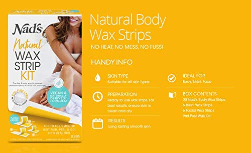 Nad's Wax Strips Kit Natural All Skin Types Wax Hair Removal For Women, 6 Face Wax Strips + 20 Body Wax Strips + 6 Bikini Wax Strips + Post Wax Oil
