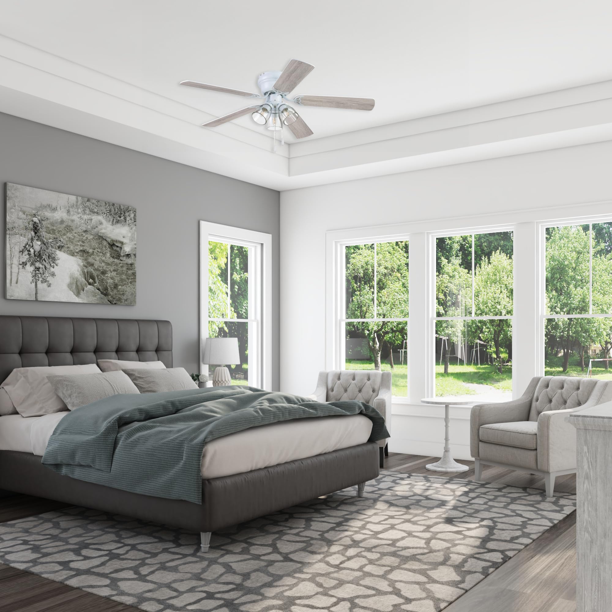 Portage Bay Ceiling 52" Renton White Indoor Fan with Clear 3 Light LED Multi Arm E26/B11 Bulb and Pull-Chains, Traditional Style, 5 Reversible Gray Oak Blades, 51441, 52 Inch