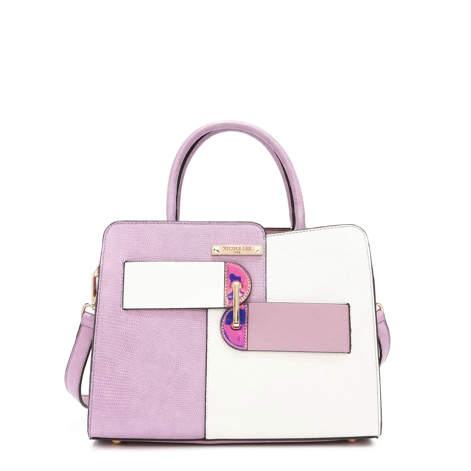 Nicole Lee Gemini Structured Satchel, Dual Tone Iridescent, Faux Snakeskin Design, Medium Handbag with Optional Strap (Lavender)