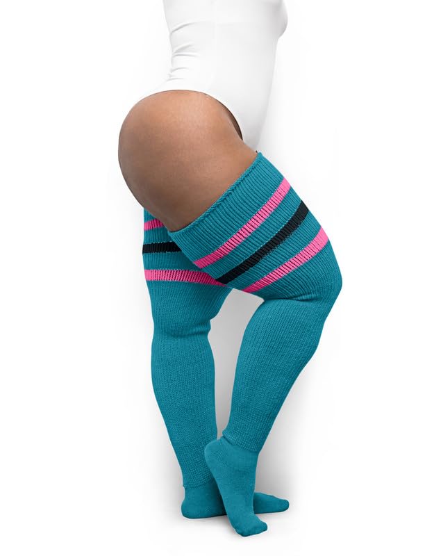Thunda Thighs Plus Size Thigh High Socks, Over the Knee High Boot Stockings Leg Warmers, Extra Long & Thick Socks Aqua Neon