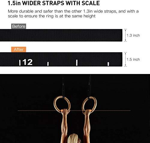 PACEARTH Gymnastics Rings Wooden Olympic Rings 1500/1000lbs with Adjustable Cam Buckle 14.76ft Long Straps with Scale Non-Slip Gym Rings for Home Gym Full Body Workout