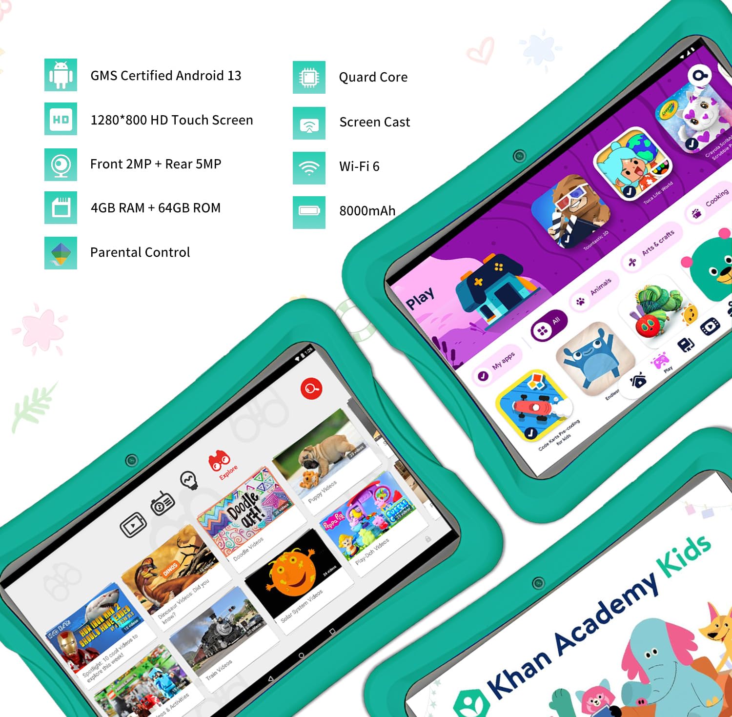 NOBKLEN Kids Tablet 10 Inch, Android 13, 4GB+64GB, 8-Core CPU, WiFi 6, 12H Battery Life, Parental Control, 1280 * 800 HD Display, Dual Cameras, Shockproof Case, Pre-Installed Educational Apps