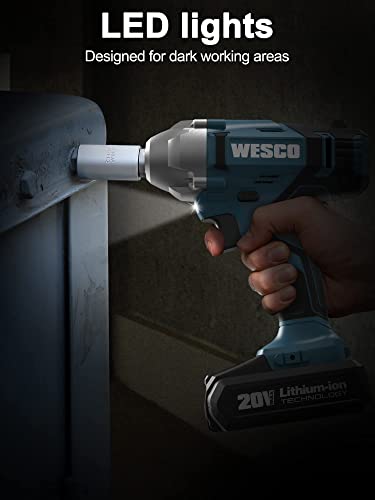 WESCO 20V Cordless Impact Wrench, 1/2",1602 In-lbs(180N.m),2.0A Li-ion Battery, LED Light 3 Pcs Drive Impact Sockets and 1 Hour Fast Charger