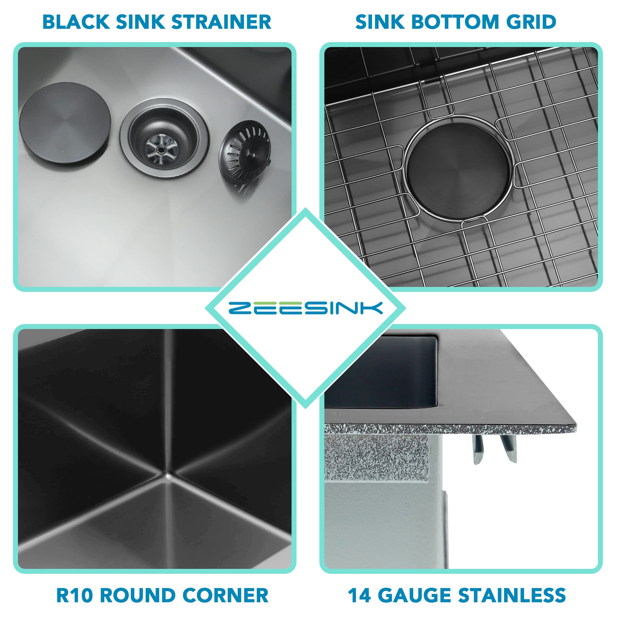 Zeesink Black Kitchen Sink 25" X 22",Single Bowl Kitchen Sink,Drop In Utility Sink,Top Mount Bar Sink,Stainless Steel Kitchen Sink