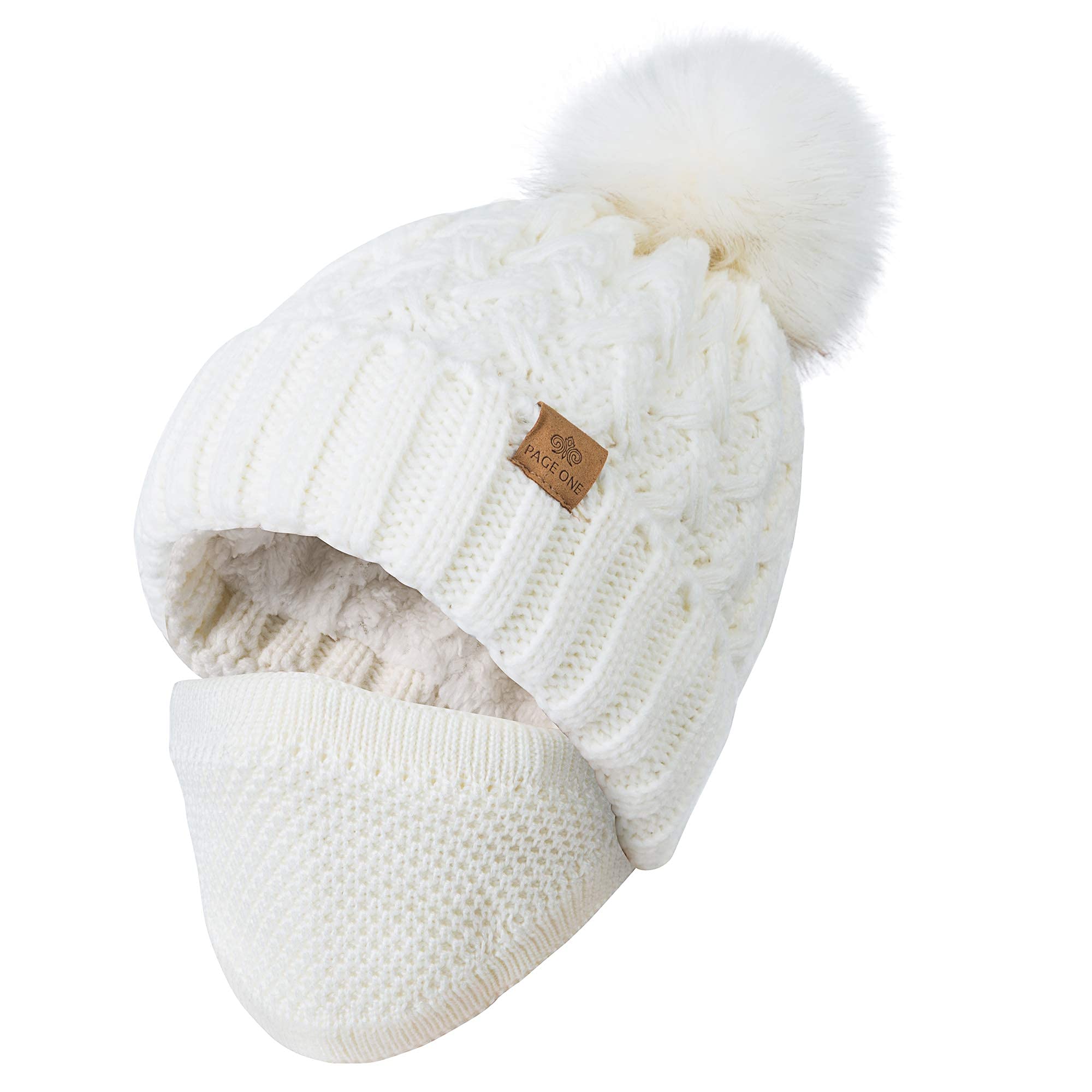 PAGE ONE Womens Winter Ribbed Beanie Crossed Cap Chunky Cable Knit Pompom Soft Warm Hat