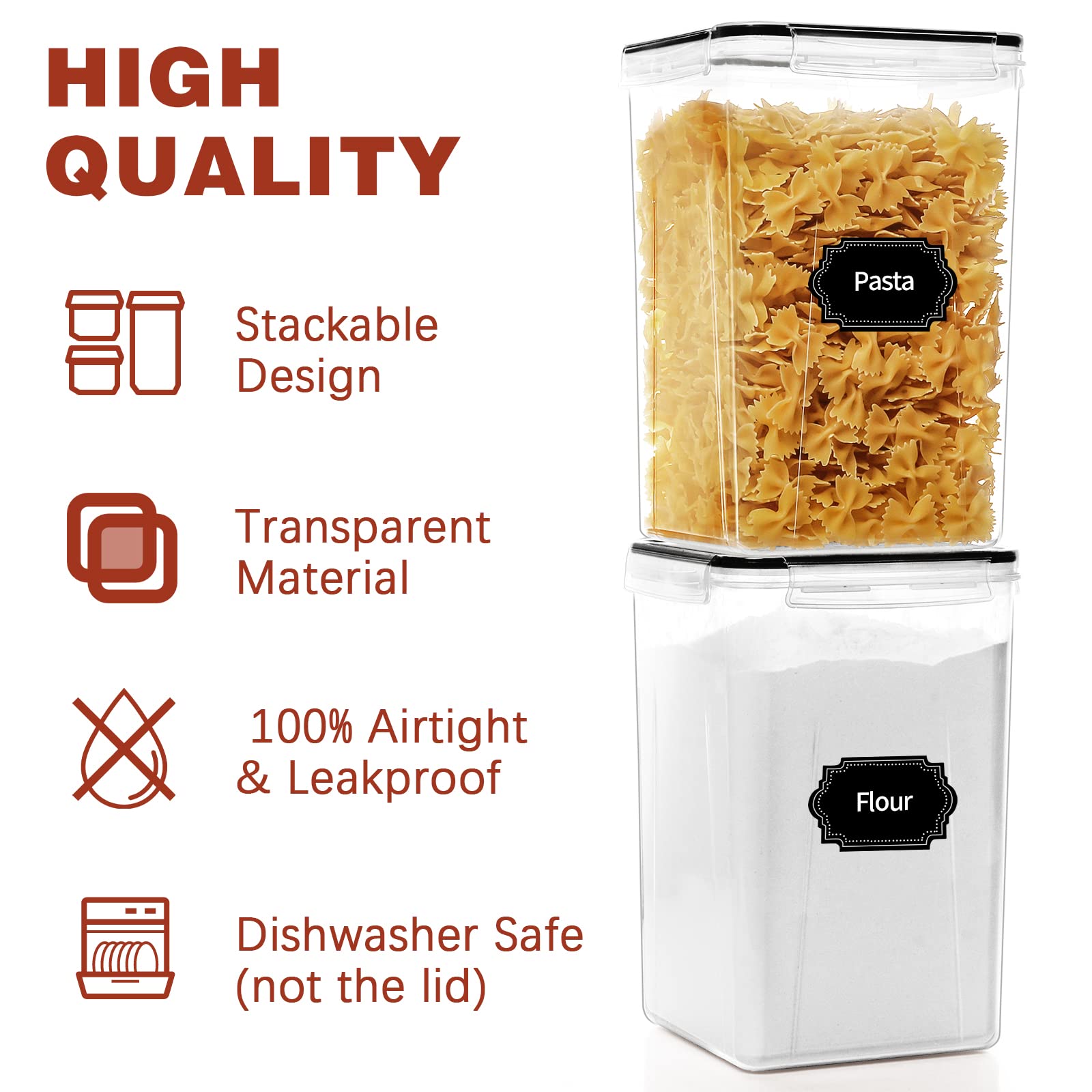 Skroam 4PCS Airtight Food Storage Containers with lids 6.5L/220oz, Flour Sugar Containers for Kitchen Pantry Organization, Storage Containers for Pantry, 1 Measuring Cup & 20 Labels