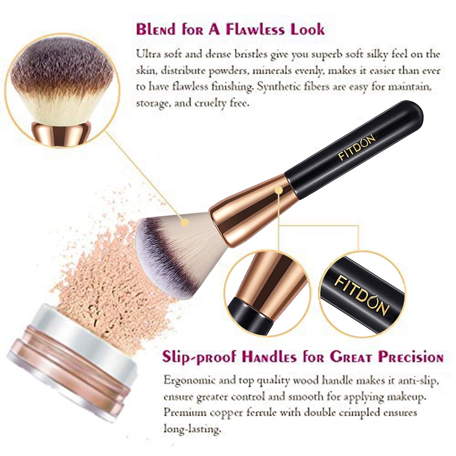 Powder Makeup Brush, FITDON Kabuki Brush for Face Large Coverage Mineral Powder Bronzer Foundation Blending Blush Buffing