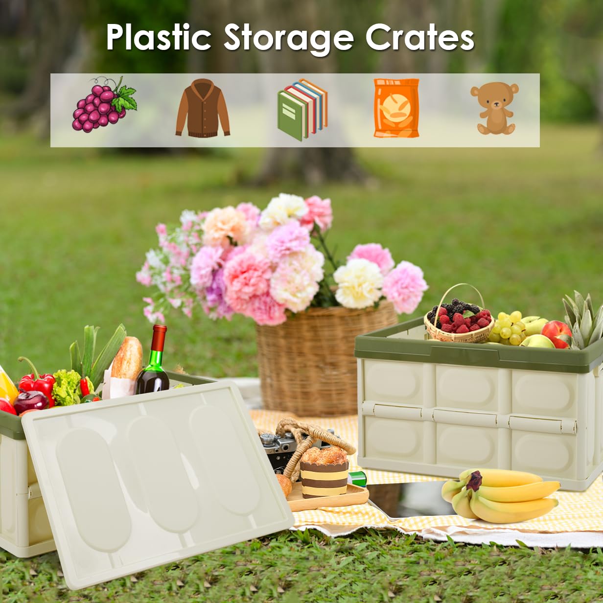 Phyllia Foldable Storage Boxes with Lids, 3 Pack Collapsible Plastic Storage Bins Organizer Containers Baskets Cub with Cover,Stackable Utility Crates Storage Box (Green, 30L)